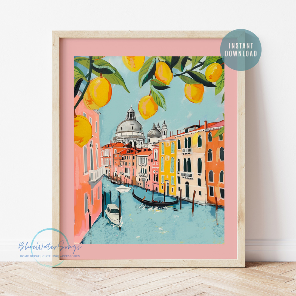 Italy Summer Digital Art — Pink & Green Printable Decor – Blue Water Songs