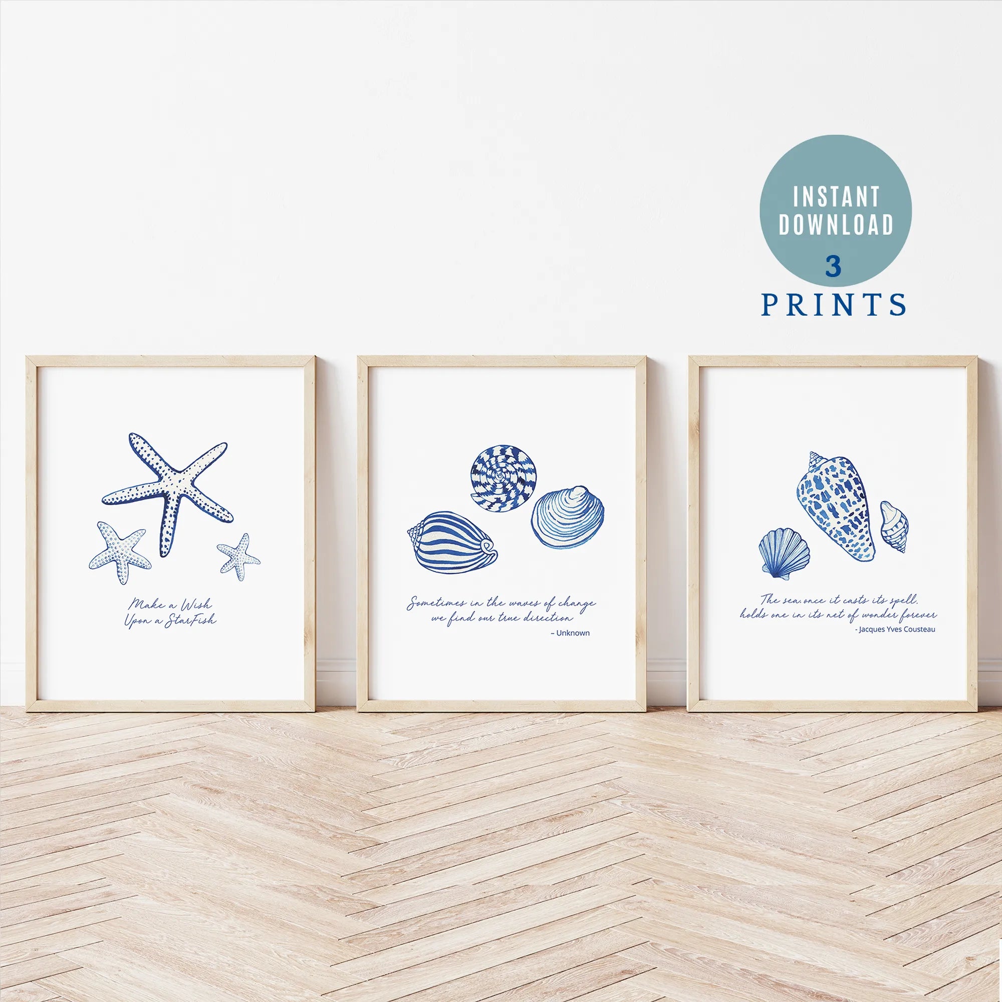 Coastal Prints – Blue Seashell Set of 3 – Blue Water Songs